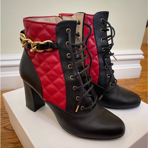 Moschino | Shoes | Moschino Red Quilted Booties With Chain | Poshmark